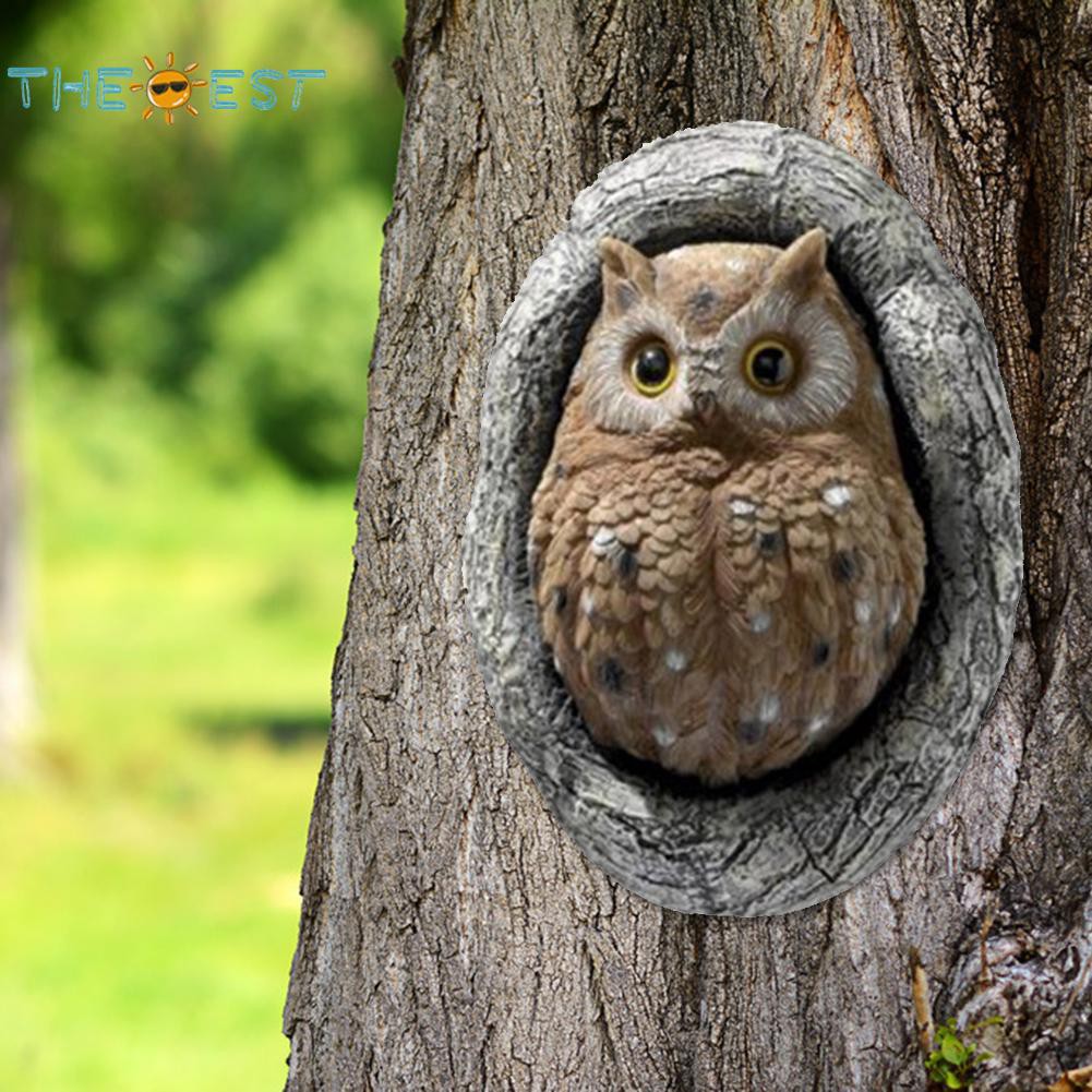 3D Tree Hole Owl Statue Hanging Art Resin Crafts Home Garden Festival ...