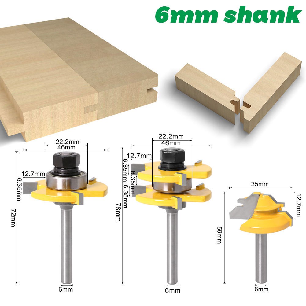 3Pcs 6mm or 1/4" Shank Tongue & Grooving Joint Assembly Wood Router Bit ...