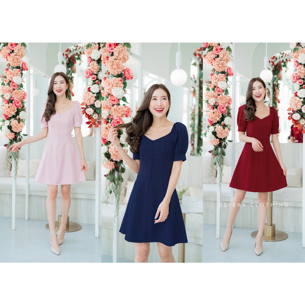 เดรสออกงาน เดรสทำงานเดรสผ้าเปเป้เนื้อผ้าดี คอแต่งหยัก แขนป่องทรงตุ๊กตา จั๊มไหล่ DR039-2 ...