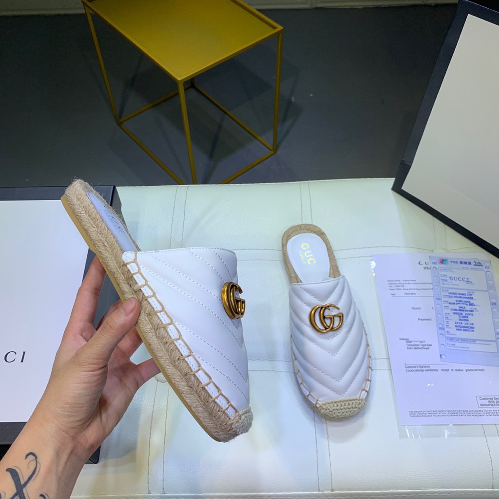 GUCCI classic logo quilted leather double GG straw thick - soled ...