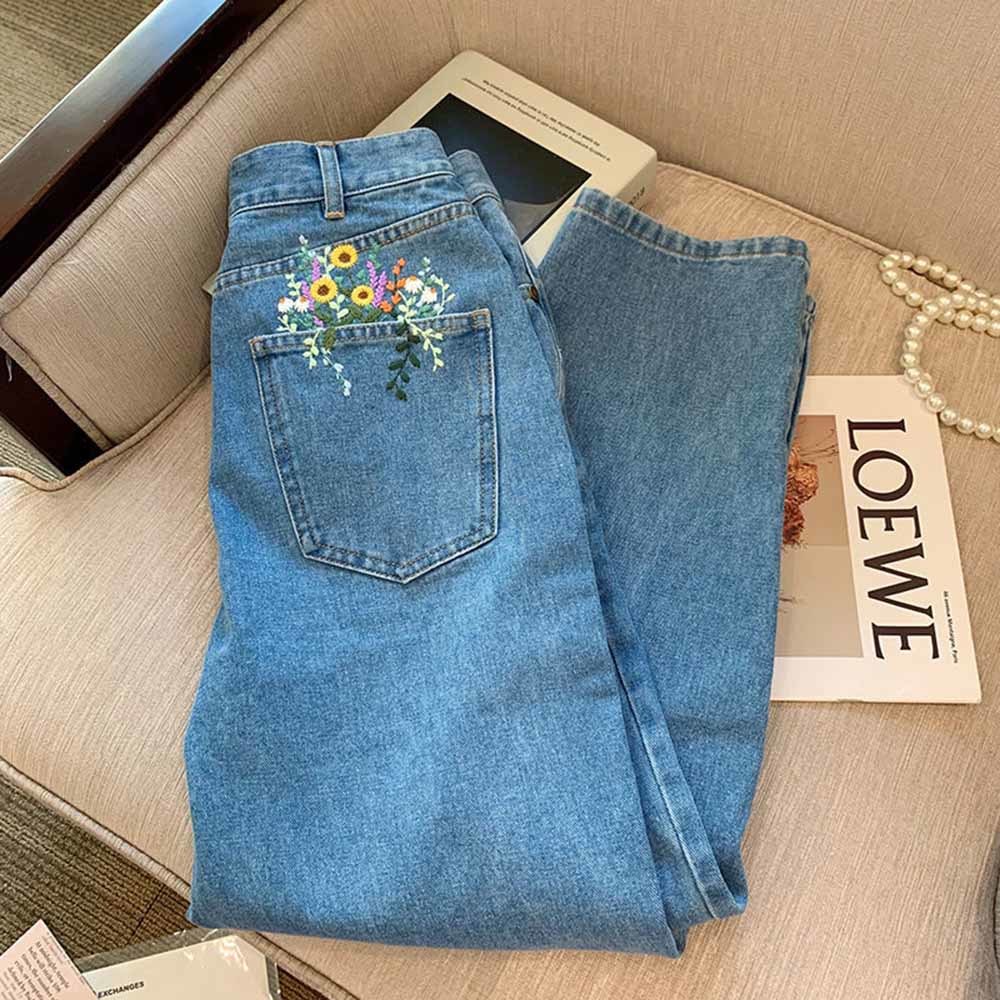 New Fashion Women Denim Pants Straight Long Jeans Pants 3D Flowers ...