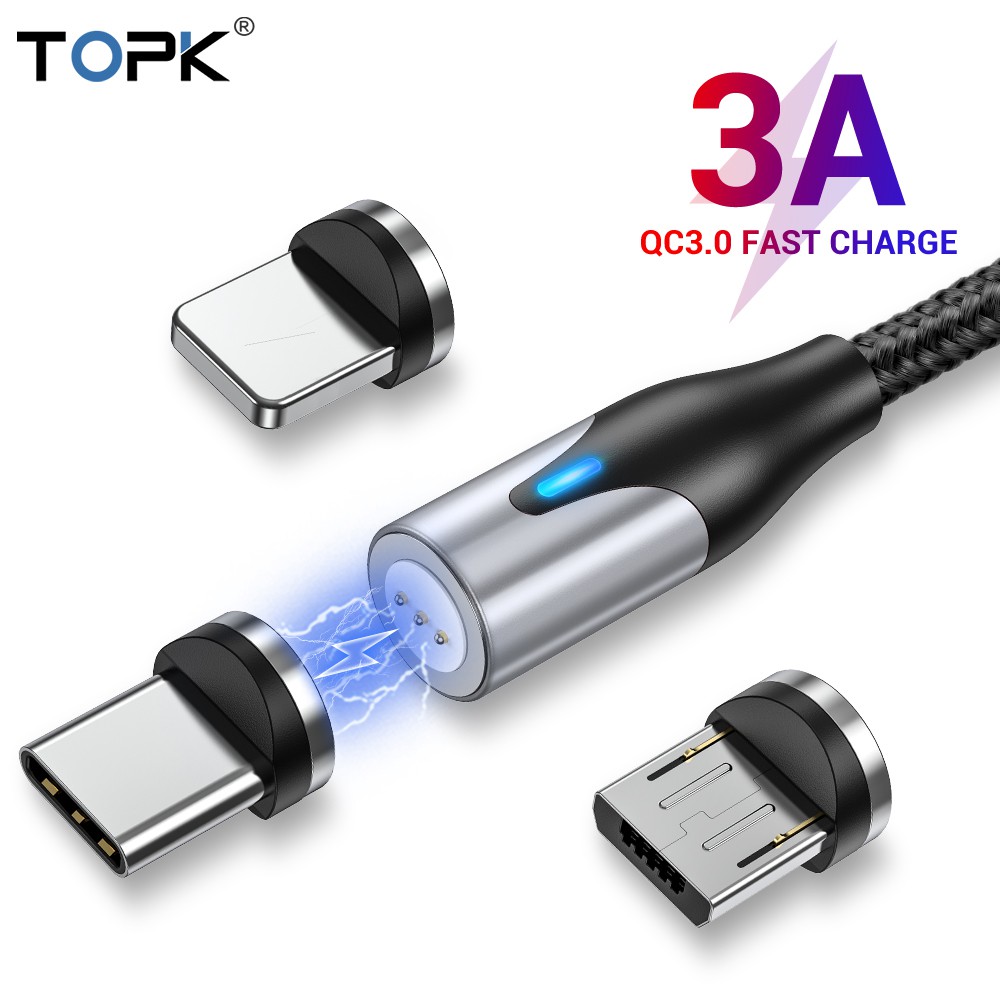 TOPK LED AM38 3A Magnetic Cable 3 in 1 Fast Charging Micro USB Type C ...