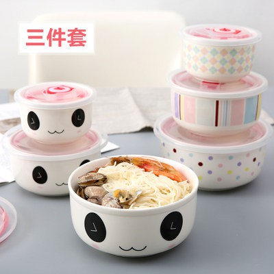 Household fresh bowl three-piece fresh-keeping box set ceramic with lid ...