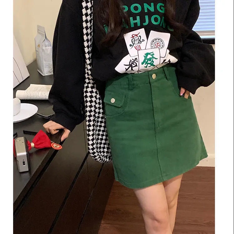 S-4XL กระโปรงยีนส์สีเขียวฤดูร้อนใหม่ย้อนยุคสไตล์ฮ่องกงที่เรียบง่ายสบาย ๆ เอวสูง A-line กระโปรง ...