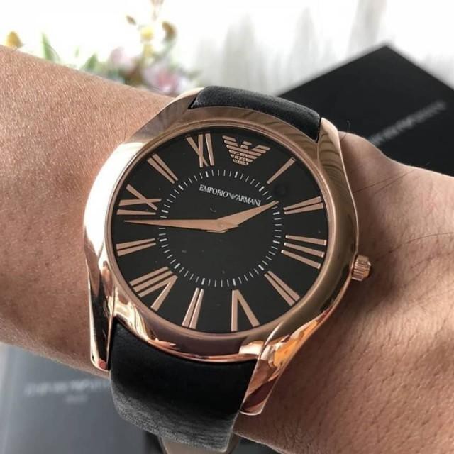 Fashion Emporio Armani Zeta 43mm Rose Gold Black Dial Leather Strap ...
