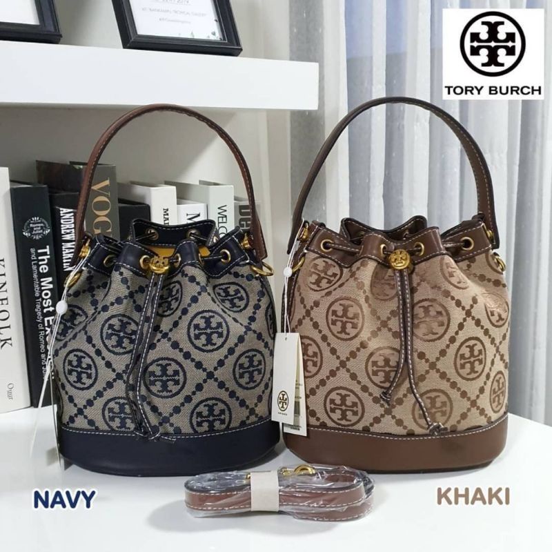 TORY BURCH FACTORY MONOGRAM JACQUARD BUCKET BAG | Shopee Thailand
