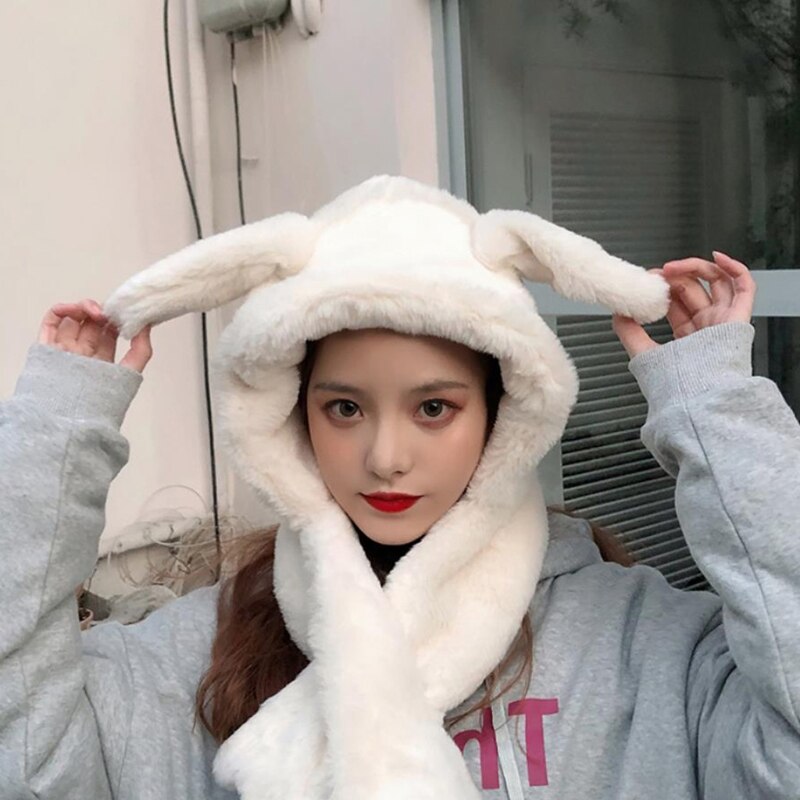 Women Cute Bunny Fluffy Plush Earflap Hat with Moving Jumping Rabbit ...