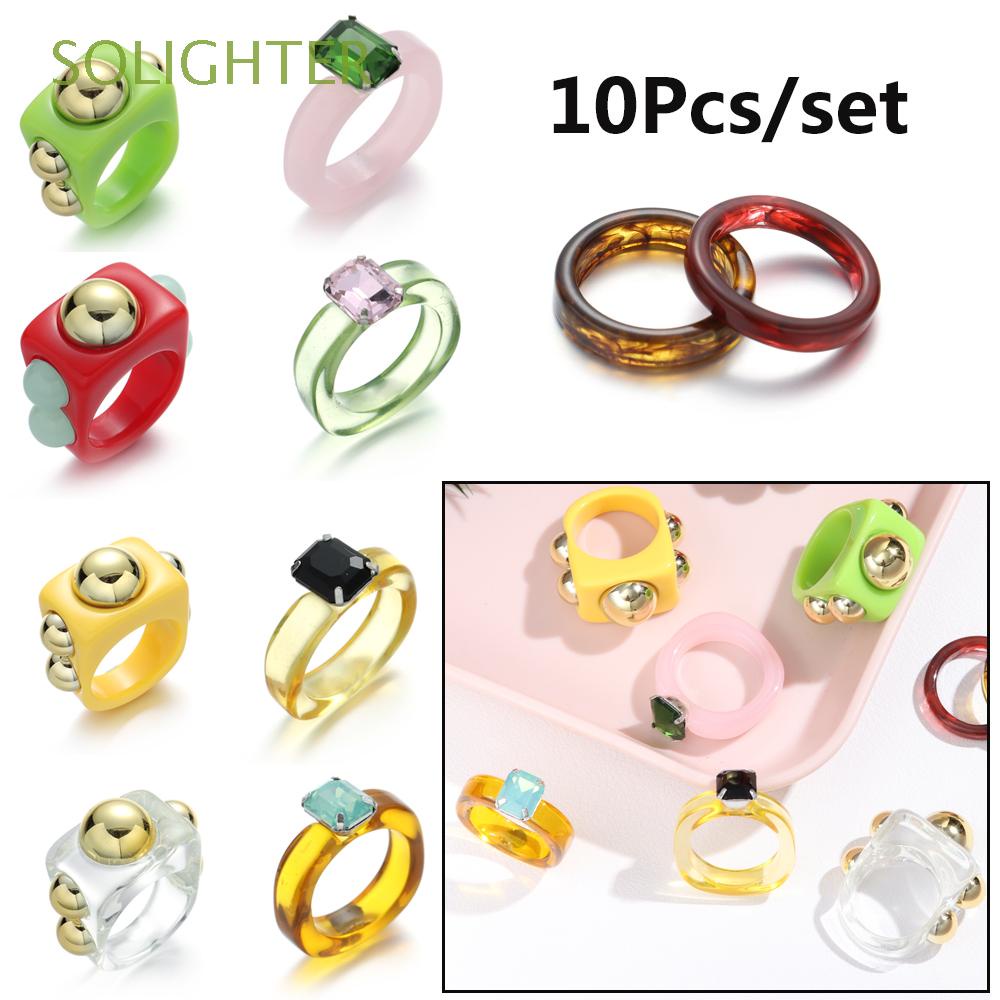 SOLIGHTER 10pcs Gift Colorful Ring Women Girls Acrylic Jewelry Resin ...