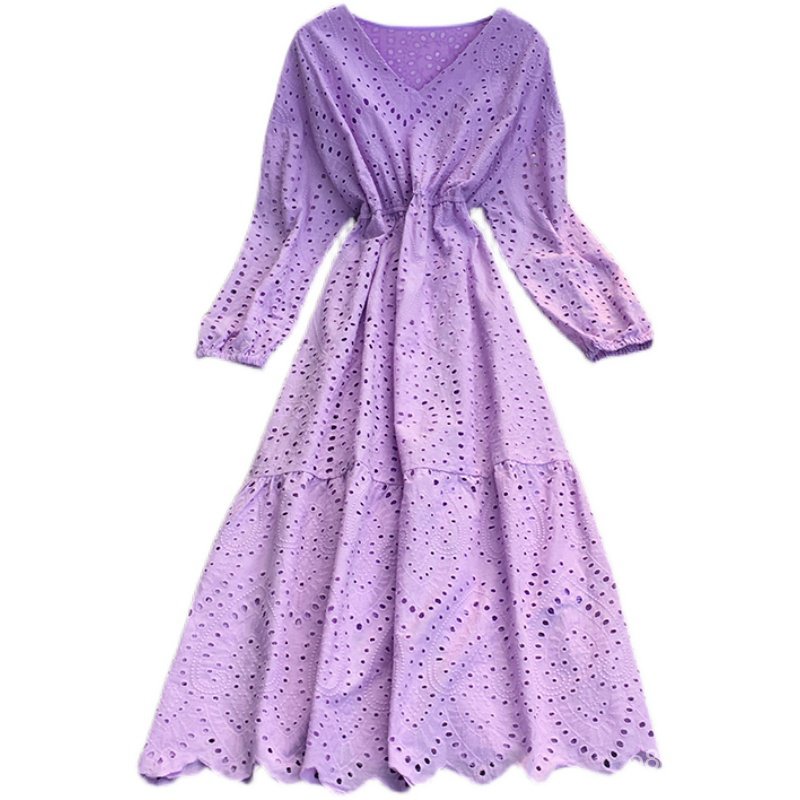 Korean Fashion Womens Embroidered Hollow Long Sleeve maxi Dress Large ...