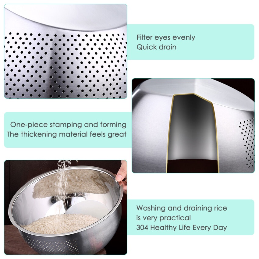 Stainless Steel Rice Washing Bowl, Versatile 3-In-1 Colander and ...