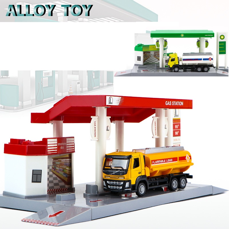 Petrol Station Model Toys With Tank Truck Die-Cast Car Oil Station Gas ...