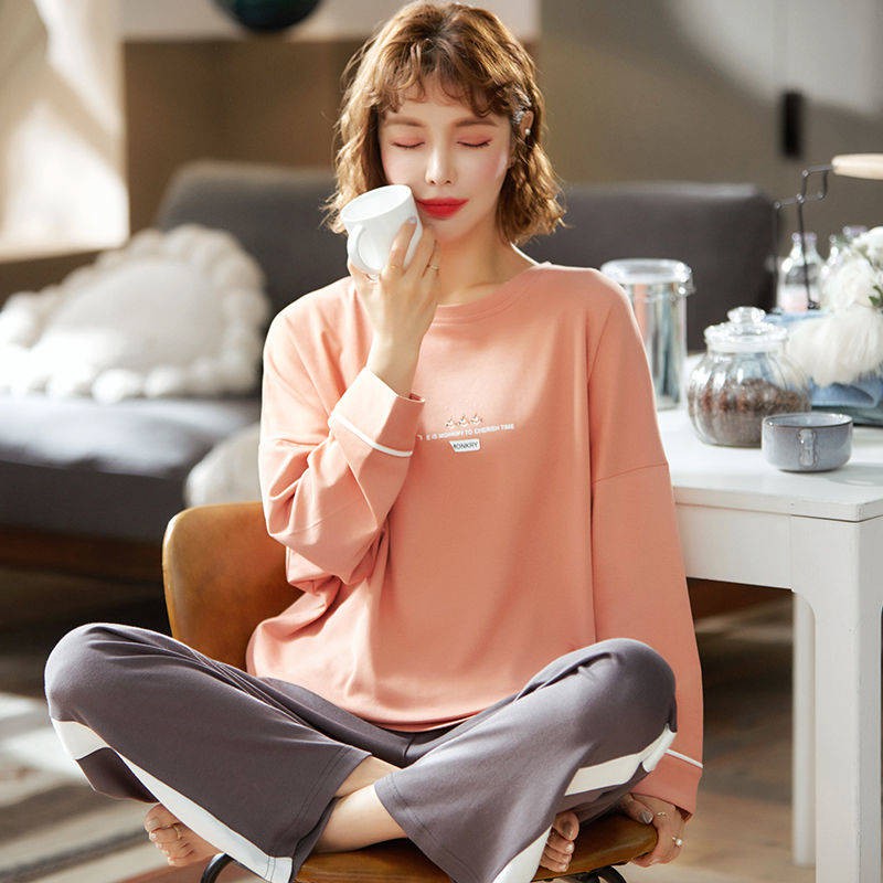 ชุดนอน ชุดนอนด้าย Pajamas Women Spring And Autumn Long Sleeved Trousers