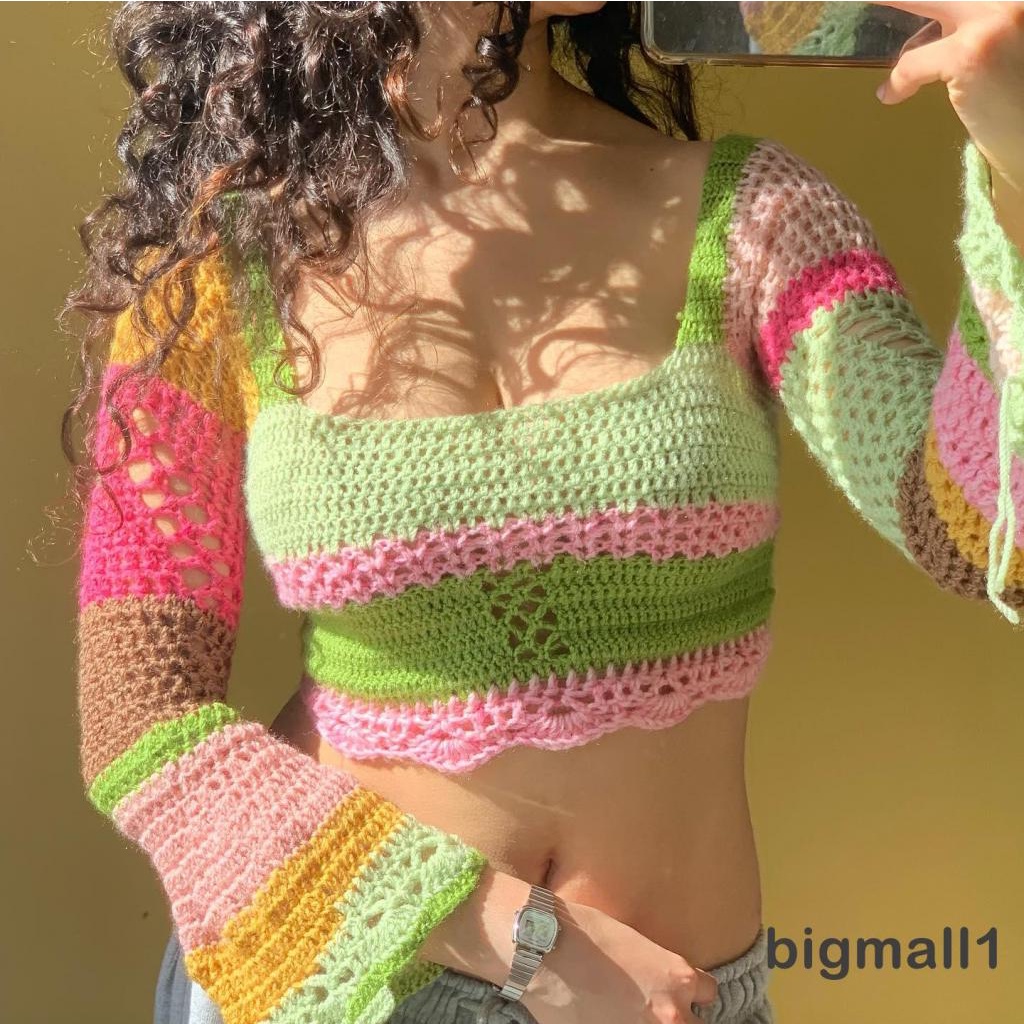 BIGMALL-Women Crochet Hollow Out Patchwork T-shirts Y2K Aesthetic Vintage Skinny Knitted Retro ...