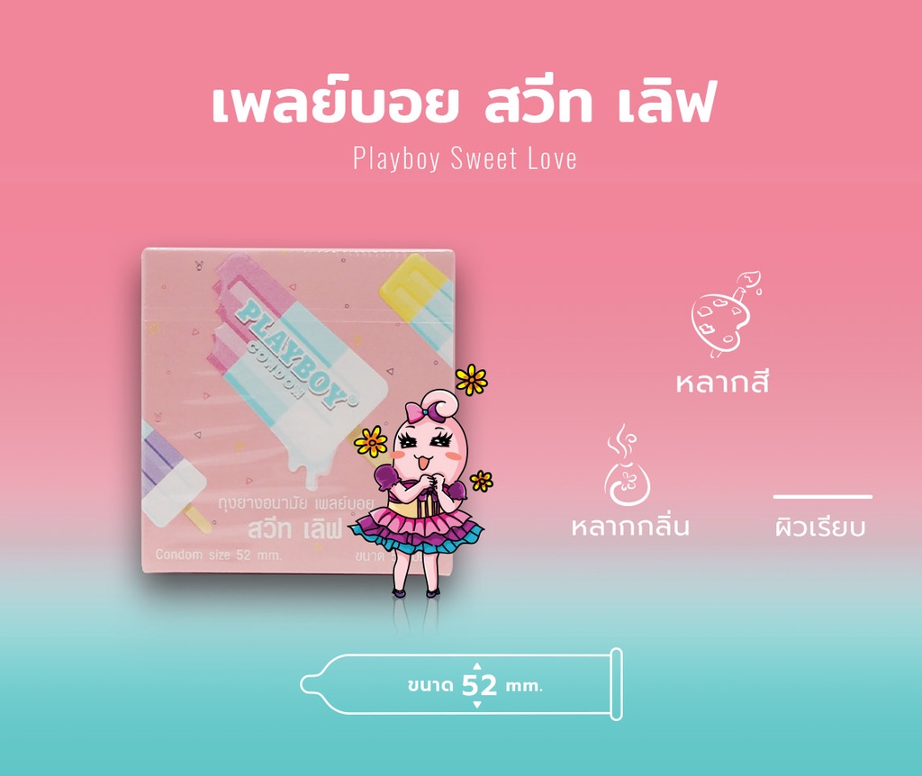 Playboy Sweet Love ถุงยางอนามัย 3 กลิ่น Strawberry, Mixed fruit, Cola ขนาด 52 มม. บรรจุ 36 กล่อง ...