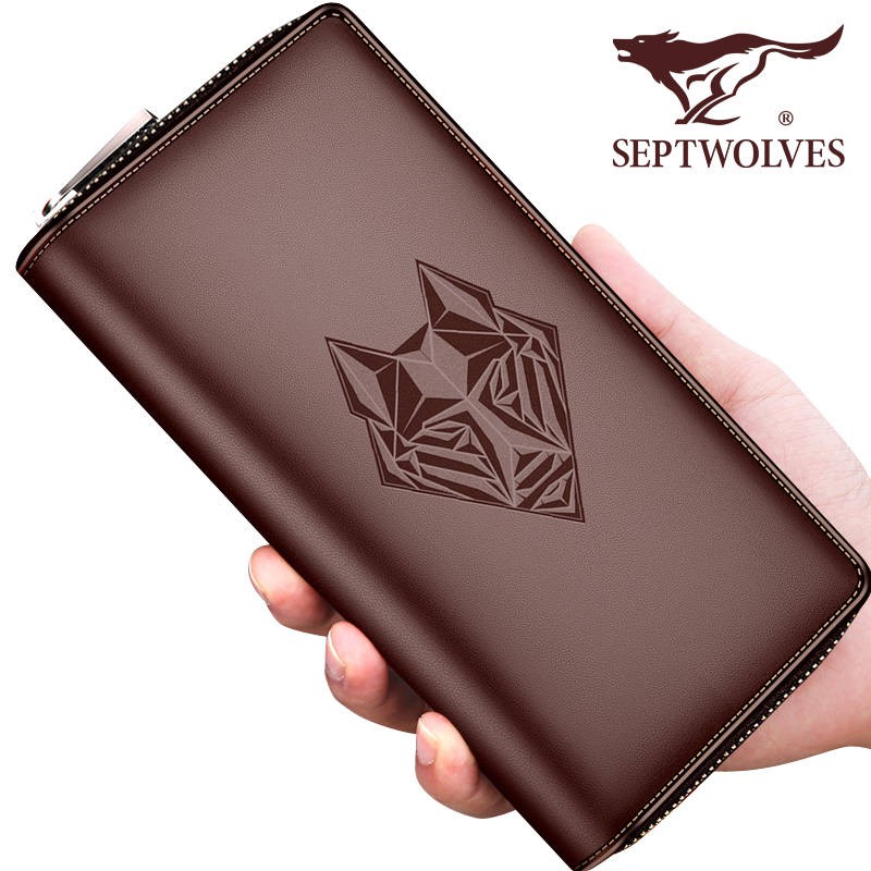 Seven wolves Wallet Men's Long Zipper Leather handbag Men's wallet ...