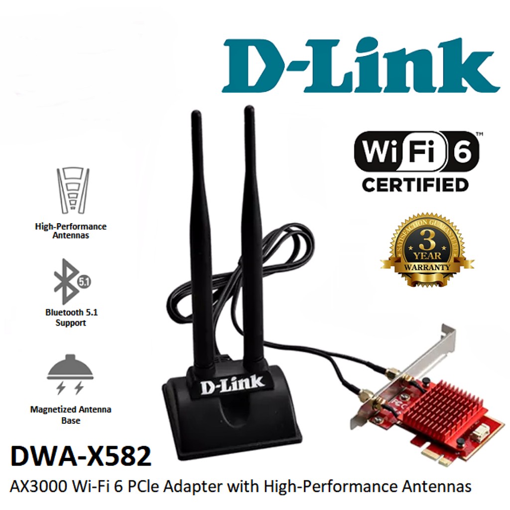 D-LINK (DWA-X582) AX3000 Wi-Fi 6 PCle Adapter with Bluetooth 5.1 / 2 ...
