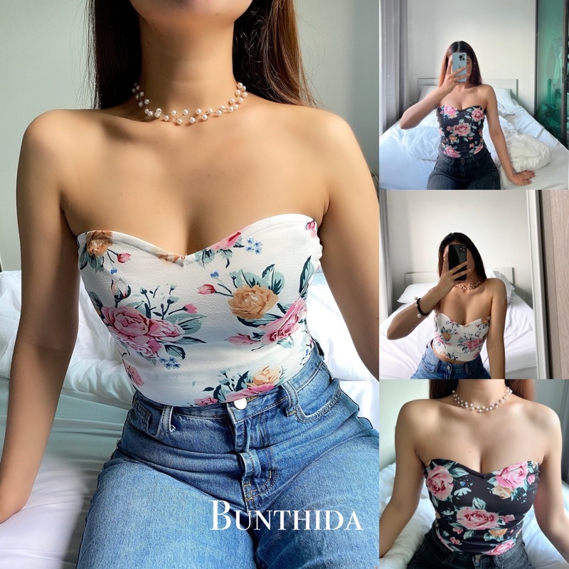 bunthidaพร้อมส่ง เสื้อครอปเกาะอกลายดอกไม้ (รุ่นนี้แนะนำสั่งลดไซต์ค่ะ ) รบกวนอ่านรายละเอียดไซส์ ...