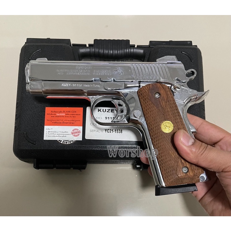 Blank Kuzey M1911 9 mm P.A.K. ด้ามไม้แท้ สีเงิน เงา สำหรับเหมาะการแสดง ...