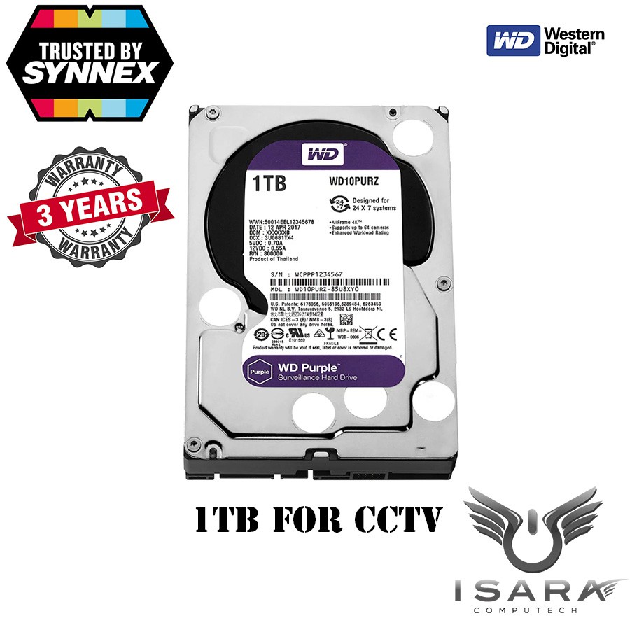 WD HDD PURPLE 1TB AV (WD10PURZ) FOR CCTV (กล้องวงจรปิด ...
