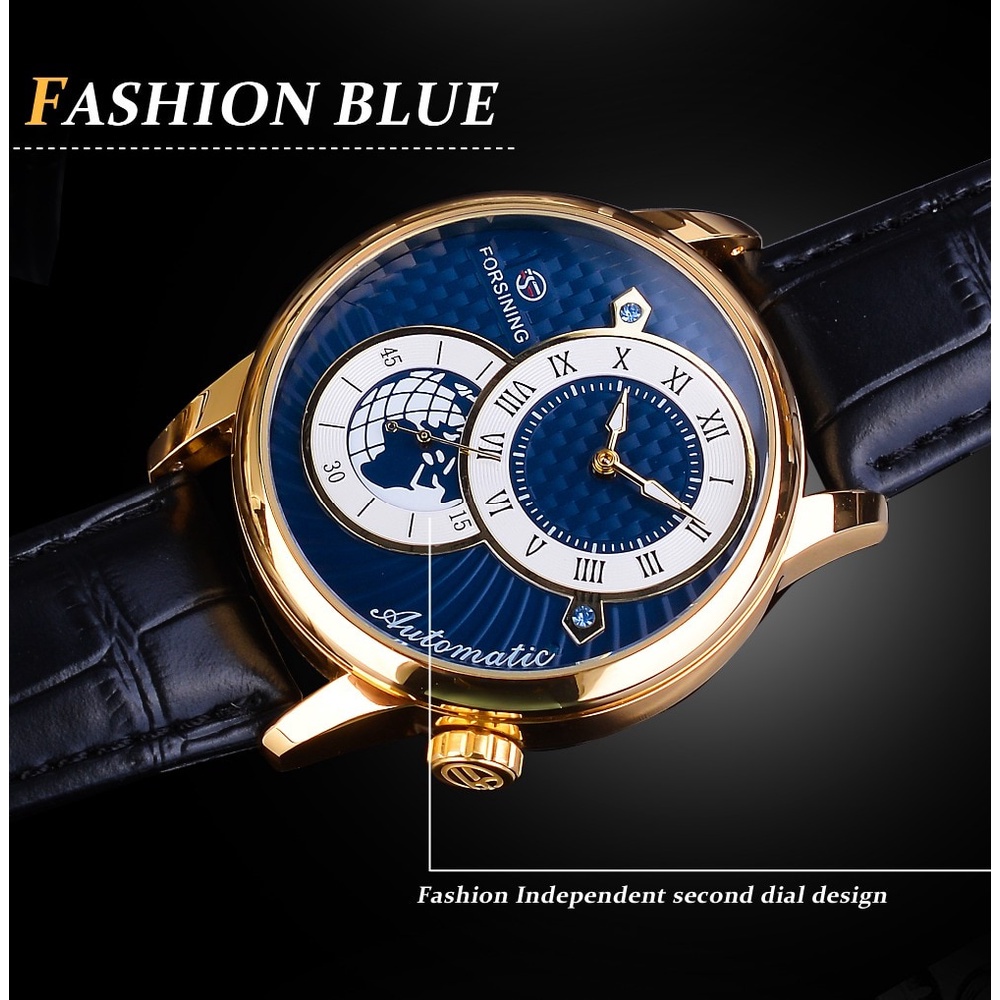Forsining Hemisphere นาฬิกาข้อมืออัตโนมัติ สายหนังวัวแท้ หน้าปัดเรืองแสง กันน้ํา สีฟ้า สีดํา ...