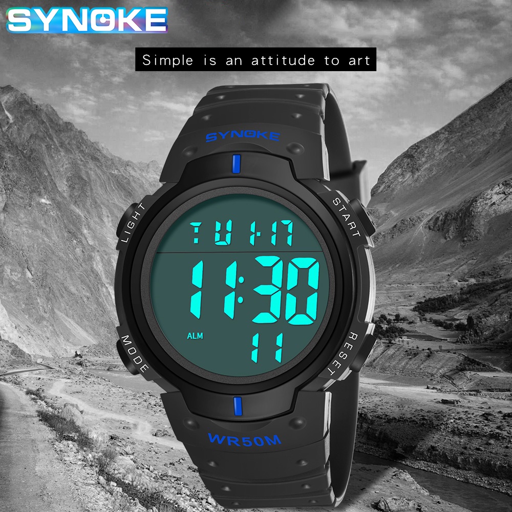 SYNOKE นาฬิกาผู้ชายโครโนกราฟนับถอยหลังกันน้ำ LED ดิจิตอลนาฬิกา ...