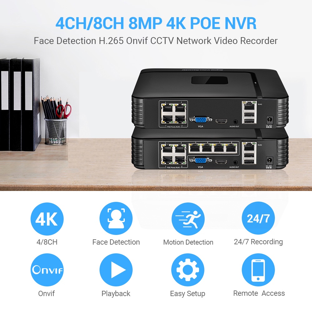 Hamrol กล้องวงจรปิด 4CH 8CH 8MP 4K POE 48V NVR AI Face Detect สําหรับกล้องวงจรปิด H.265 H.264 ...