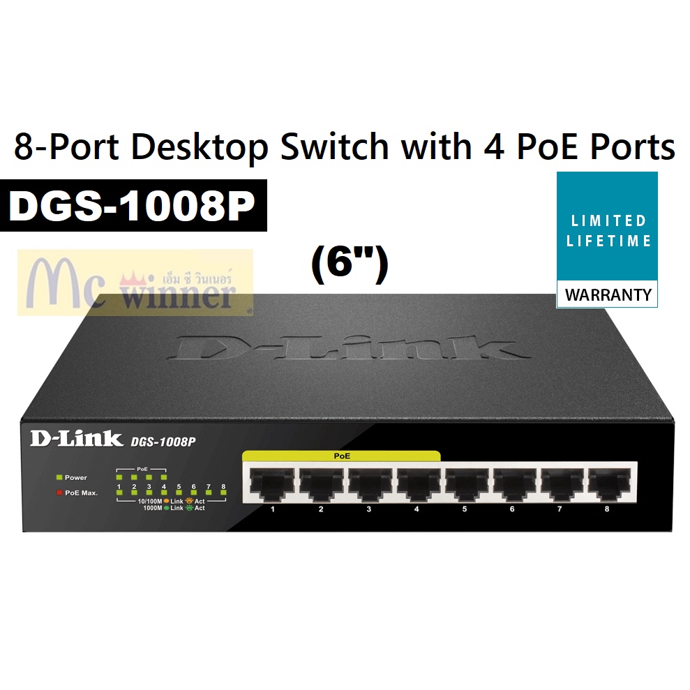 SWITCH (สวิตซ์) D-LINK (DGS-1008P)(6") 8-Port Desktop Switch with 4 PoE ...