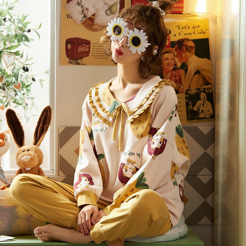 ชุดนอน ชุดนอนด้าย Pajamas New Female Spring And Autumn Long Sleeved