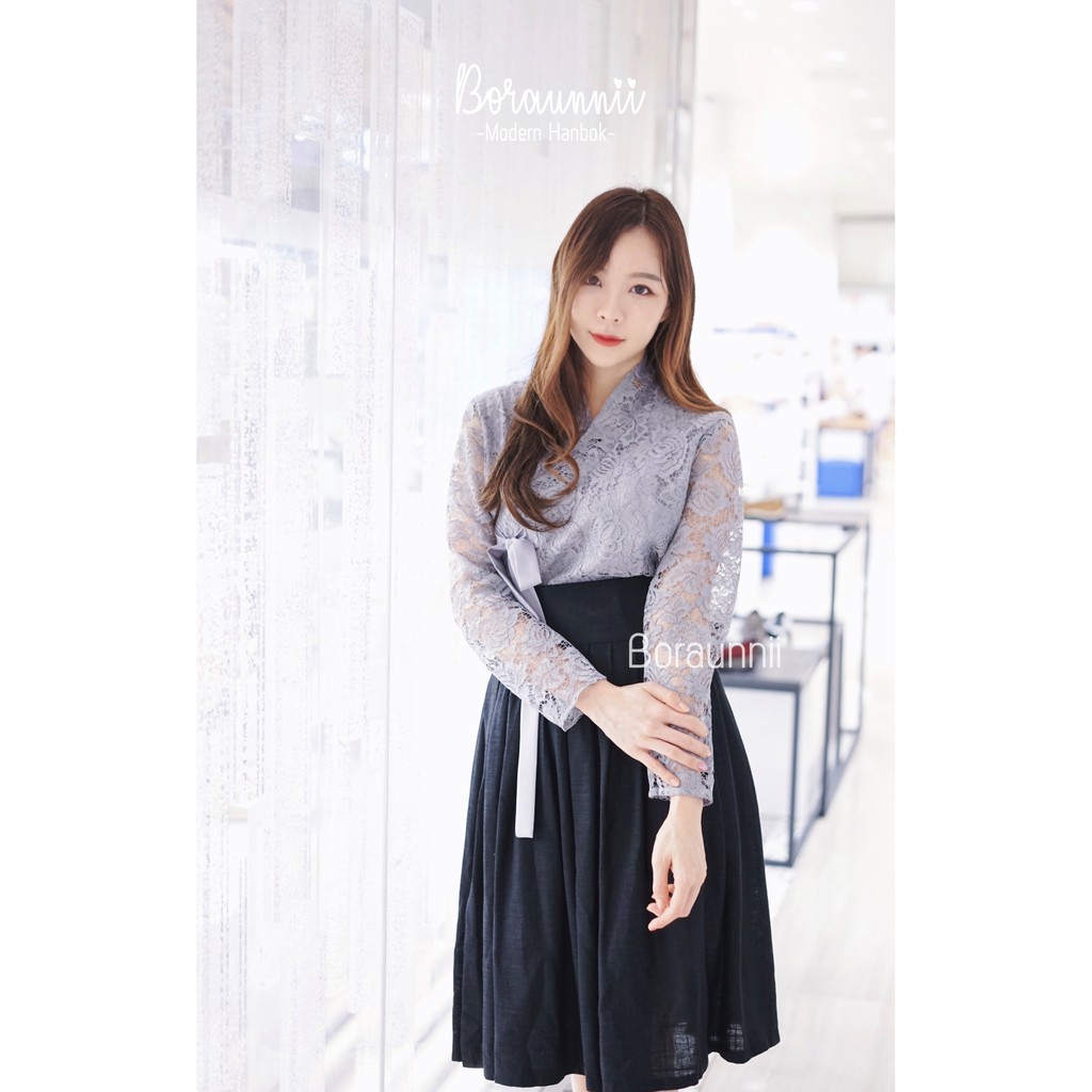 Boraunnii ฮันบกประยุกต์ รุ่น Lacy lady Grey เสื้อลูกไม้ พร้อมส่ง เกรดพร ...