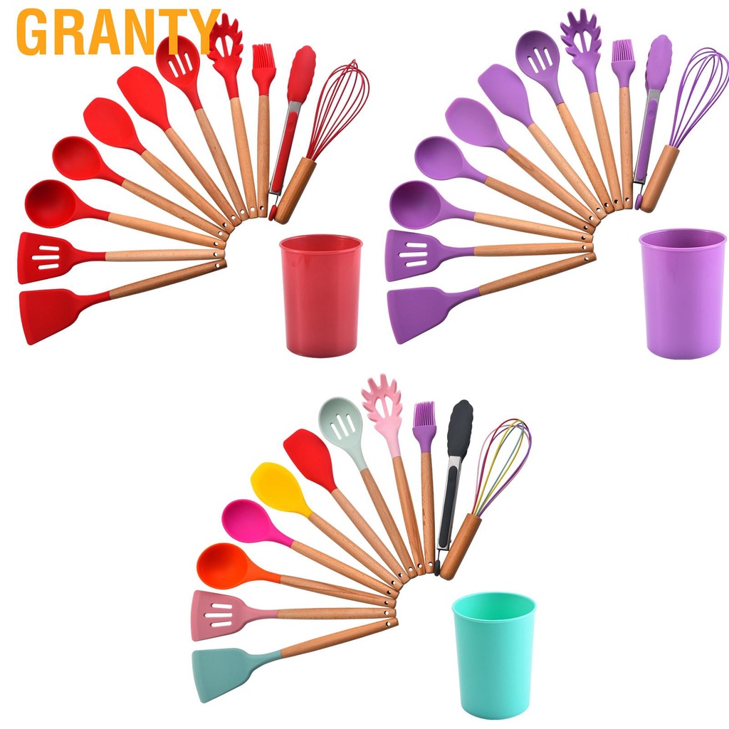 Granty 12pcs Cooking Utensils Set Silicone Colorful Wood Handle Kitchen ...