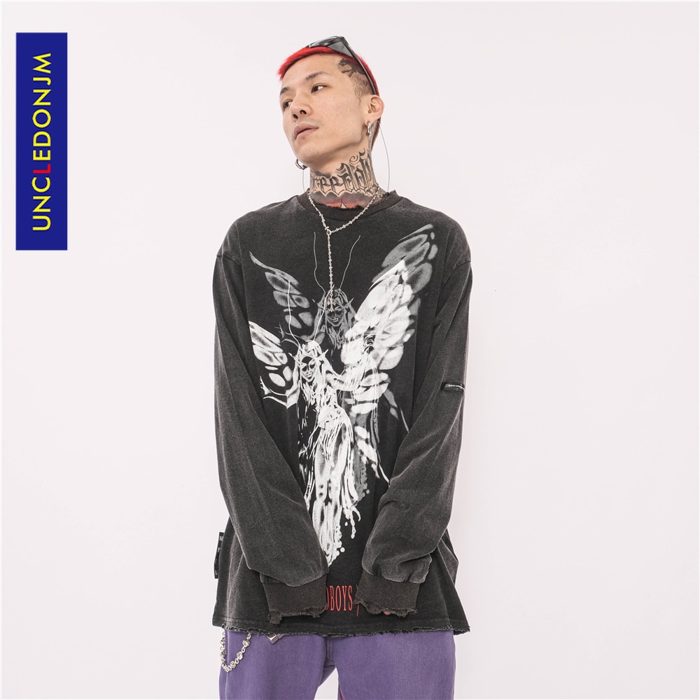 UNCLEDONJM Graphic tees Damaged vintage Hip Hop Long sleeve t shirt oversized t shirt Streetwear ...