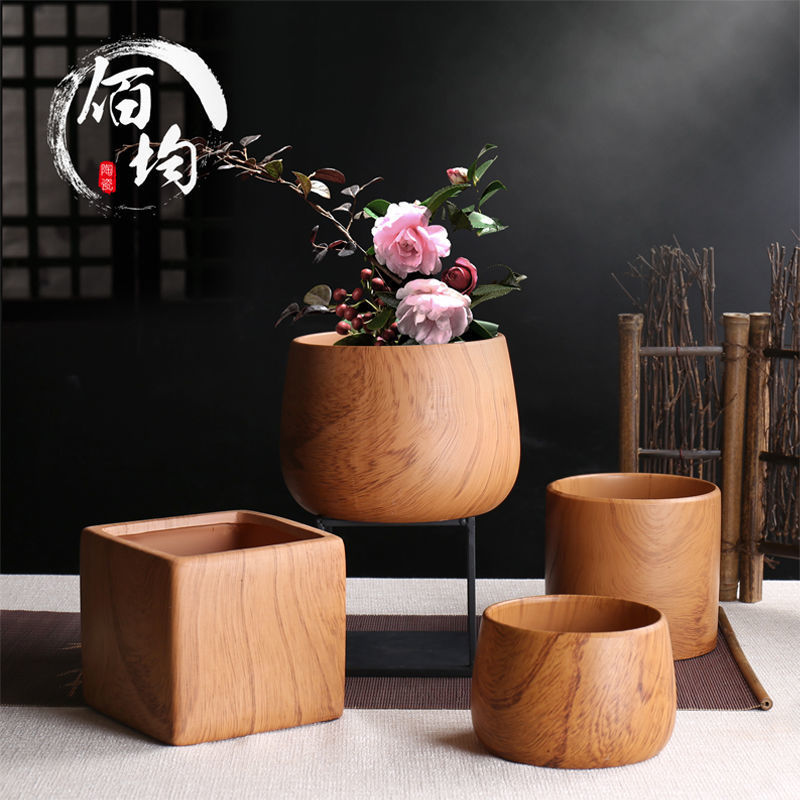 Flower Pot Ceramic Set Retro Creative Decoration Wood Grain Green Plant ...