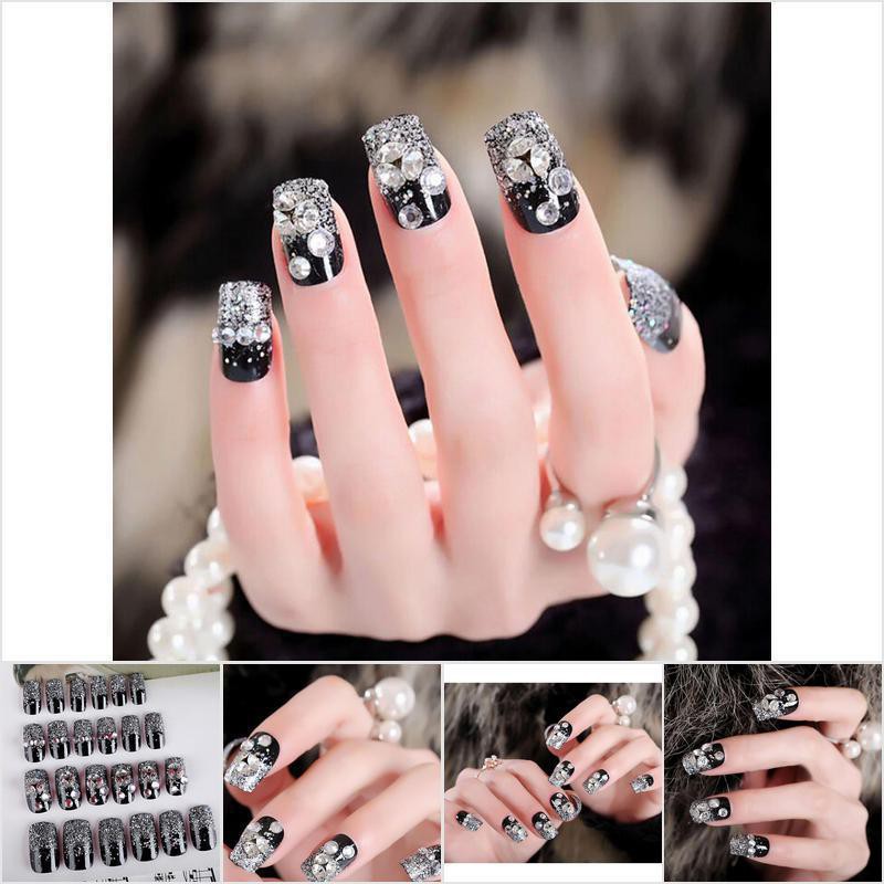 [cod Rts]24pcs Black French Nails Full Frame False Nail Tips Full Cover