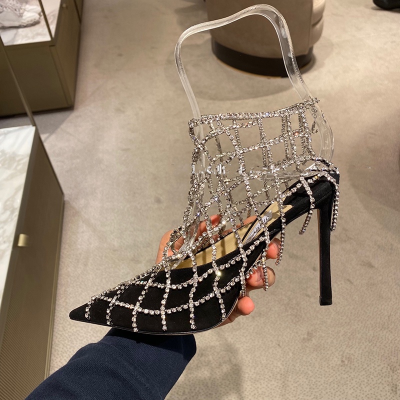 Ladies rhinestone mesh pointed toe high heels women39s spring new mix ...