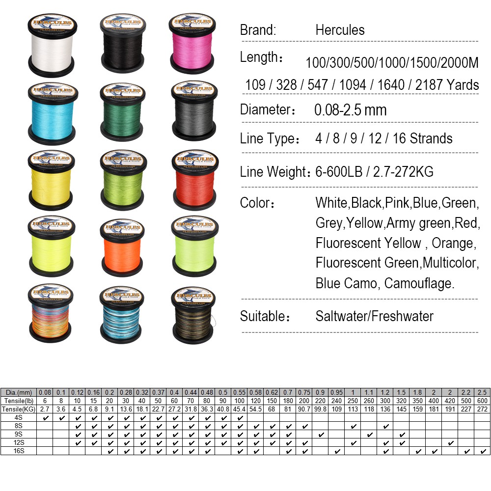 500M Fluorescent Green 6lb-100lb Hercules Pe Braid Fishing Line Strong ...