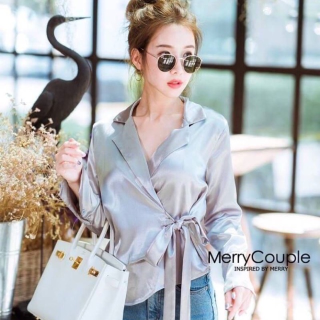 เสื้อเชิ้ตซาตินป้ายหน้าผูกโบว์ข้าง Shopee Thailand