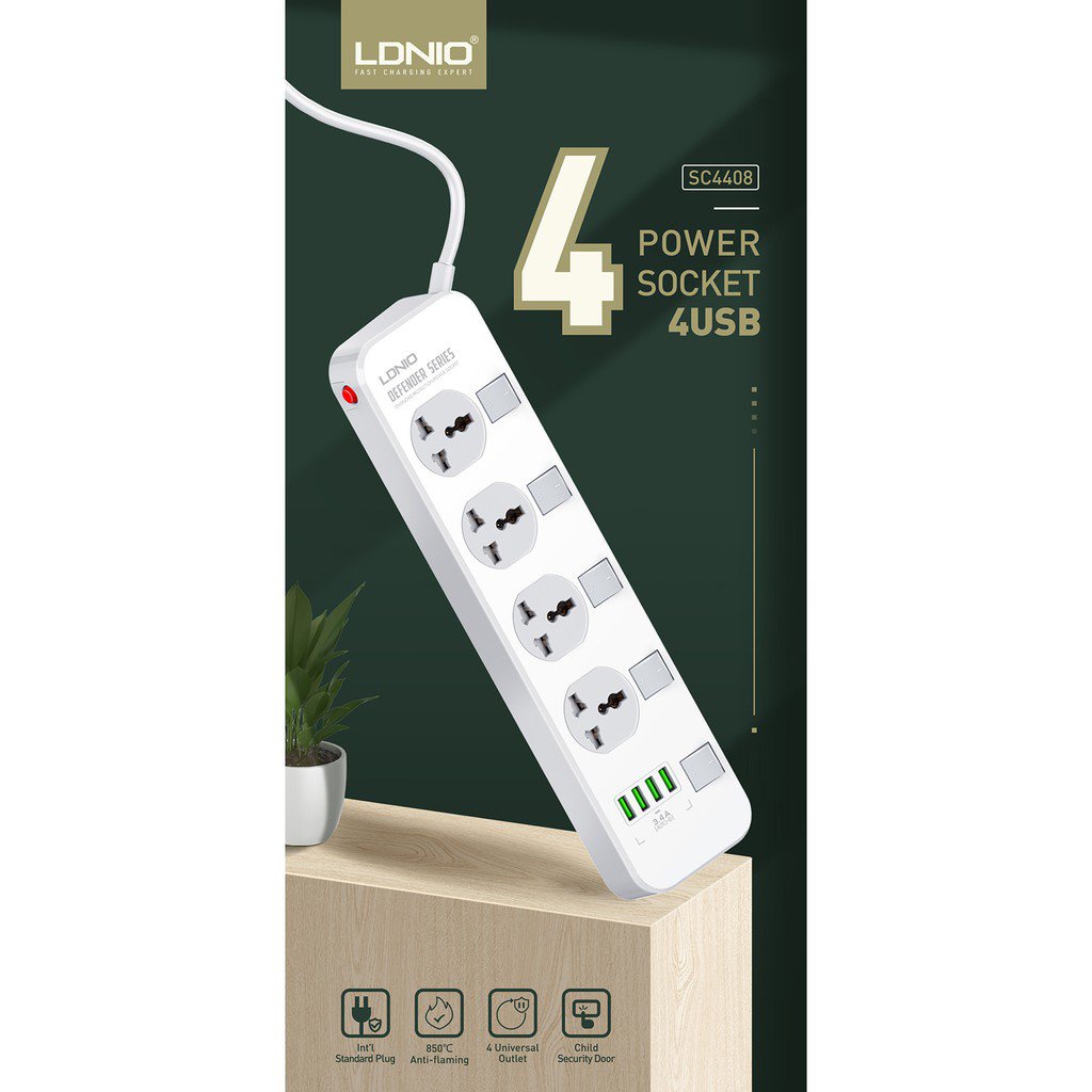 2021ORIGINAL LDNIO SC 4408 Power Strip 4 Socket & USB Output 3.4A 2m UK ...