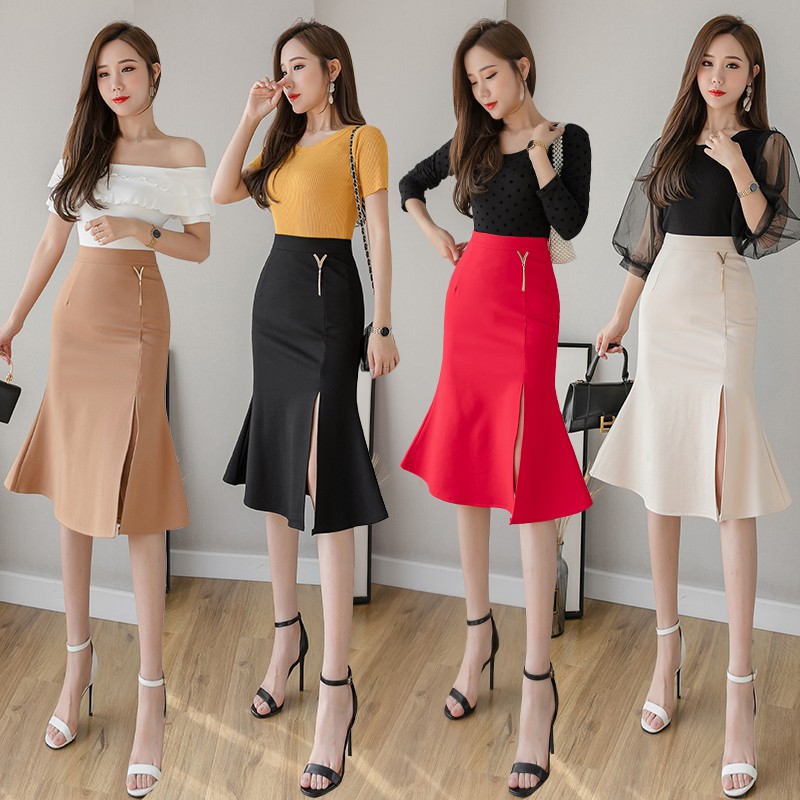 Korean Style Fashion Split Office Skirts Women High Waist Plus Size Mermaid Skirt Black Red 4XL ...