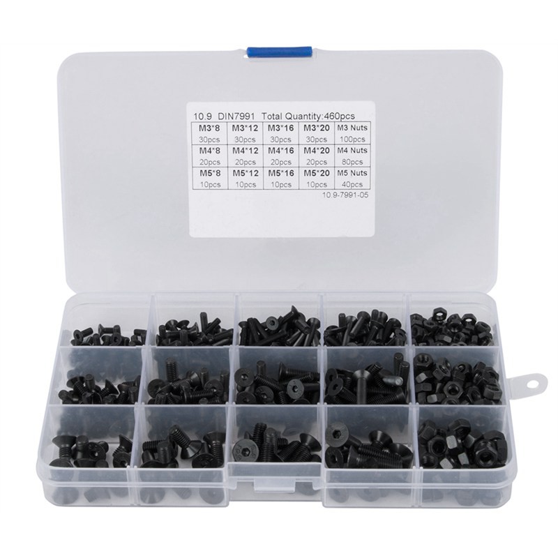 460Pcs M3 M4 M5 Alloy Steel Countersunk Flat Head Hex Socket Cap Screws Nuts Set Assortmen ...