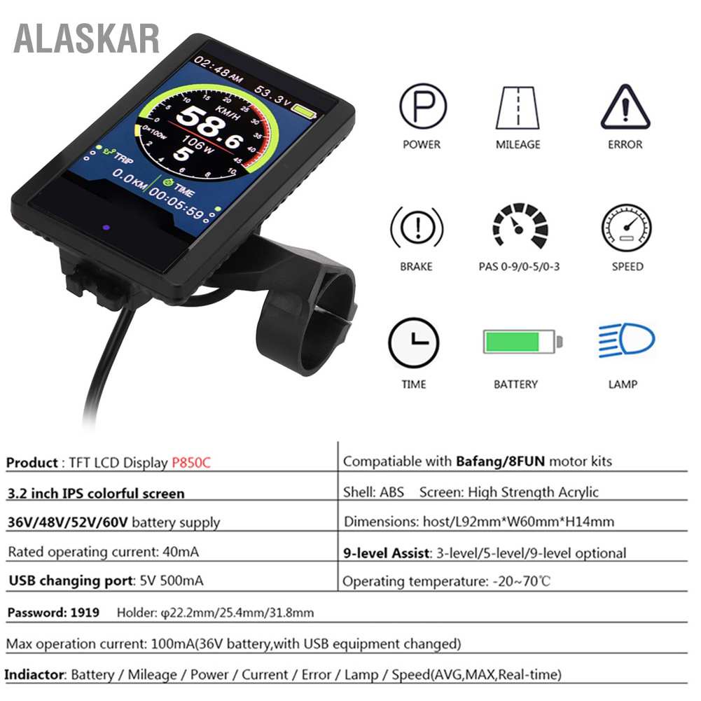 ALASKAR Electric Bicycle 850C LCD Display Control Panel for Bafang BBS01 BBS02 BBSHD Mid Drive ...