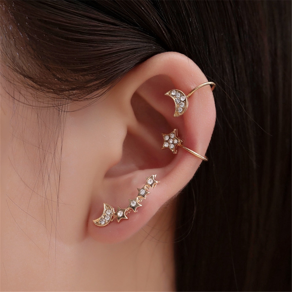 3pcs Fashion Earless Ear Clip Earrings Full Diamond Star Moon Ear Clip ...