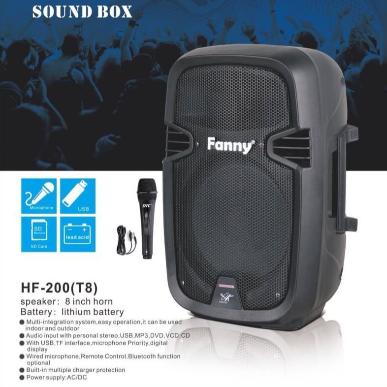 ลำโพงพกพา ลำโพงเอนกประสงค์ FANNY ตู้ลำโพงขยายเสียงเคลื่อนที่8นิ้ว BLUETOOTH ไมค์สาย รุ่น HF-200 ...