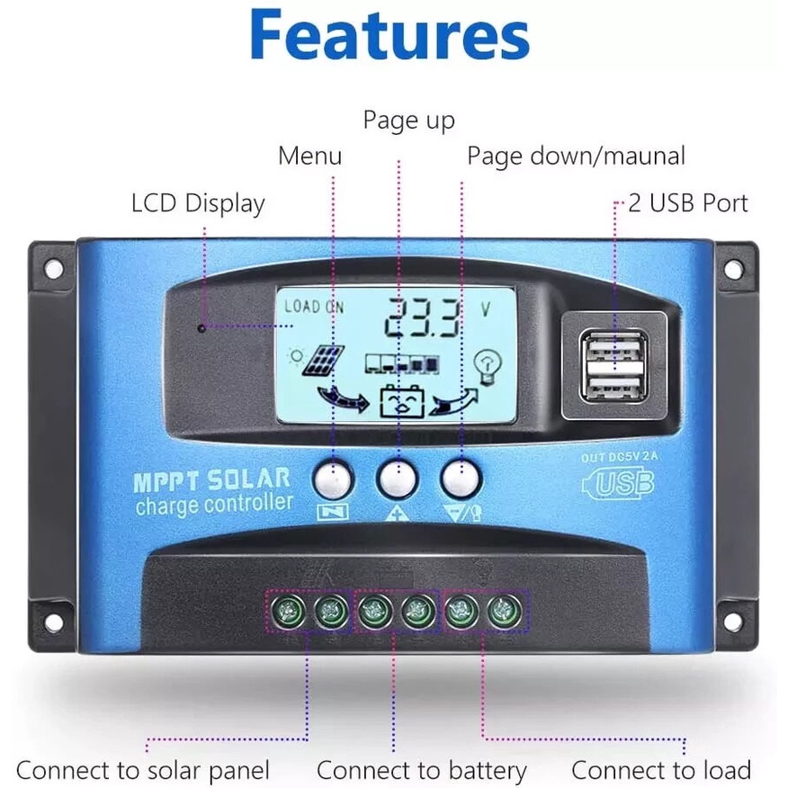 PowMr Solar Charge Controller MPPT 30A 40A 50A 60A 100A Dual USB จอแสดงผล LCD อัตโนมัติ 12V 24V ...