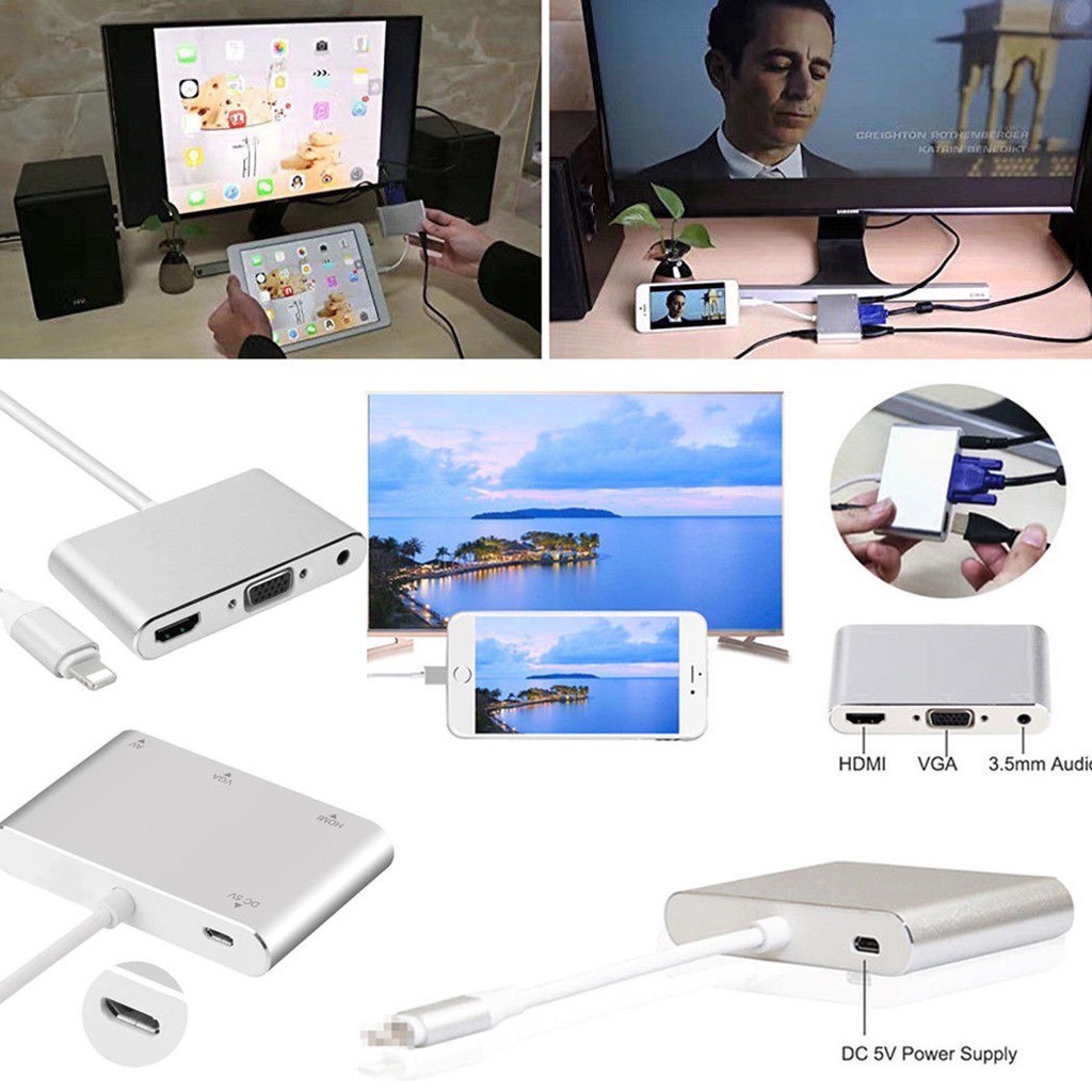 Lightning to HDMI/HDTV/VGA/Audio cable Adapter For iPhone 6S 7 7 Plus 8 ...