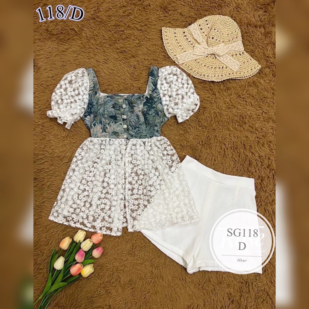 SG118 เซต 2 ชิ้น เสื้อแขนพองกระดุมหน้าอกแต่งทอลาย ต่อด้วยผ้าลูกไม้ลาย ...