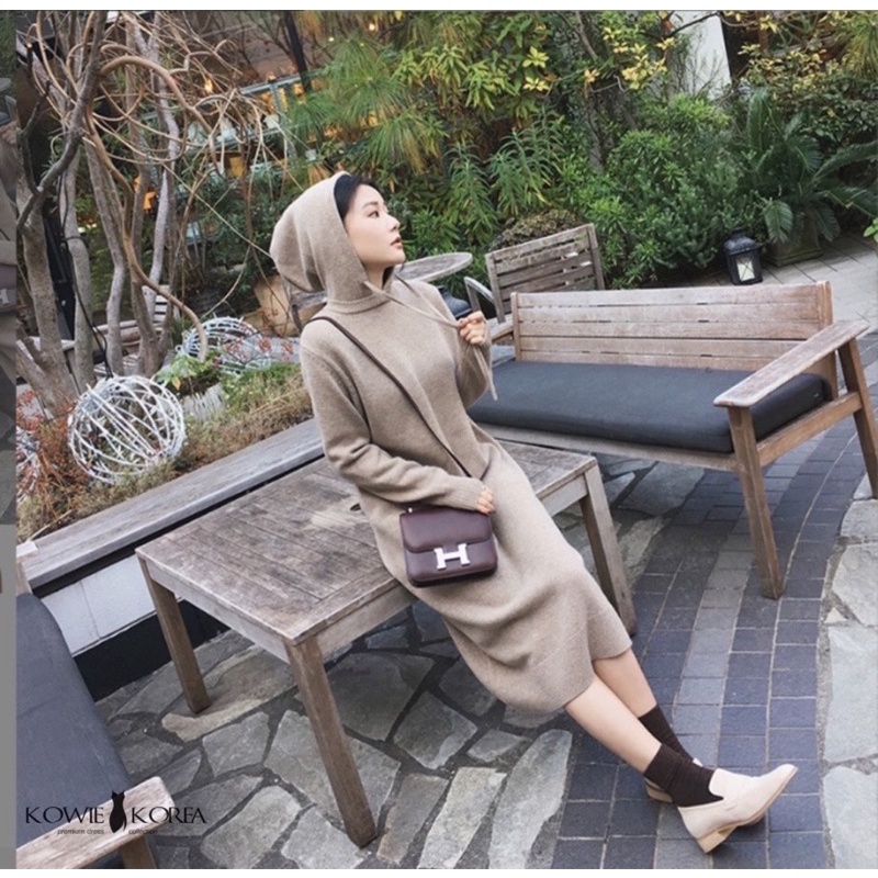 Kowie Korea Mee Too ( 262 ) เดรสยาวไหมพรมมีฮู้ด สีดำสีน้ำตาลสีเทา price ...