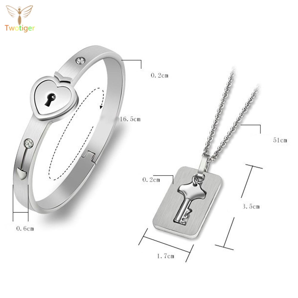 Couple Bracelet Necklace Set Stainless Steel Love Heart Lock Jewelry ...