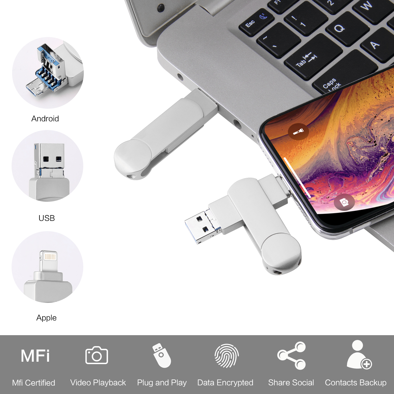 แฟลชไดรฟ์ 3 In 1 Otg Usb 256 Gb Usb 3 . 0 Otg Ios สําหรับ Ios / Android ...