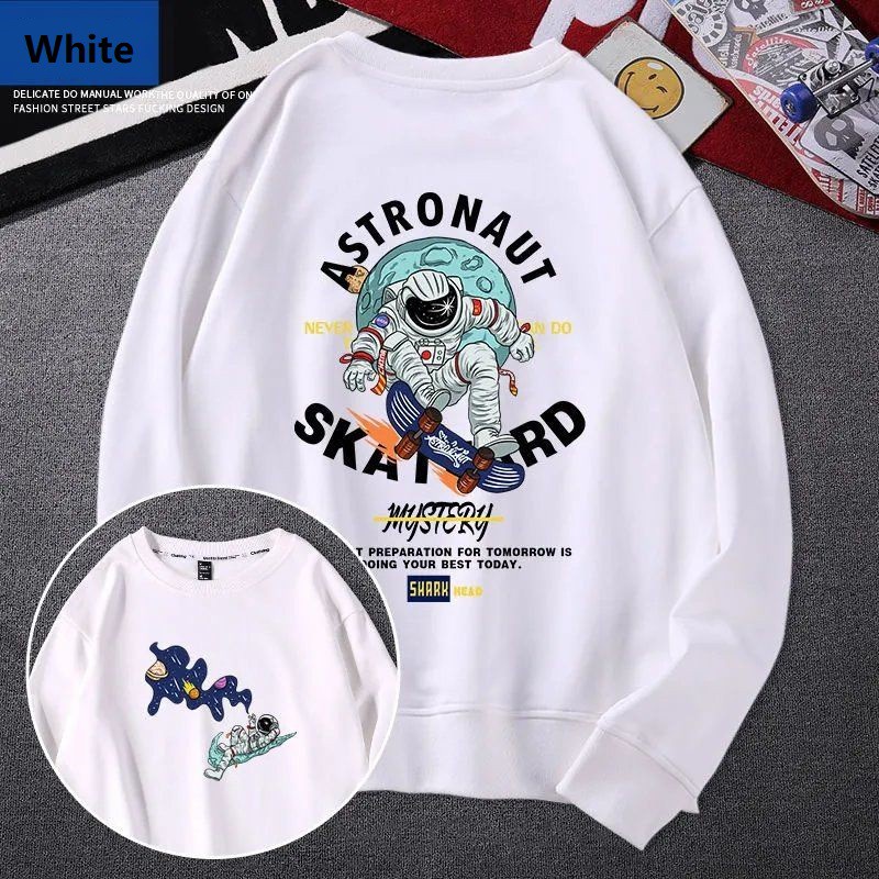 NASA Astronaut Cartoon Printed Men T-Shirt Loose Casual Long Sleeve Bottoming Shirt Round Neck ...