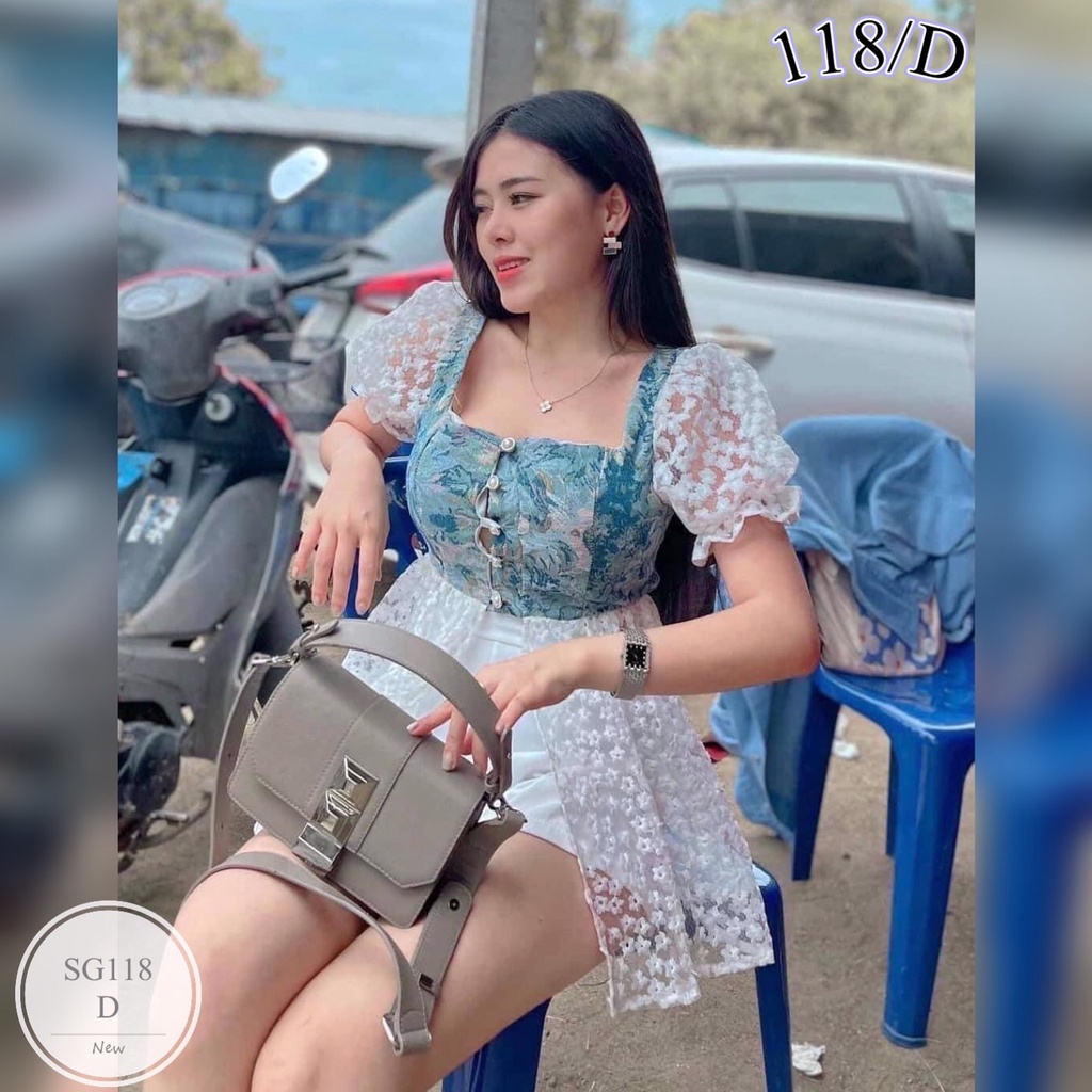 SG118 เซต 2 ชิ้น เสื้อแขนพองกระดุมหน้าอกแต่งทอลาย ต่อด้วยผ้าลูกไม้ลาย ...